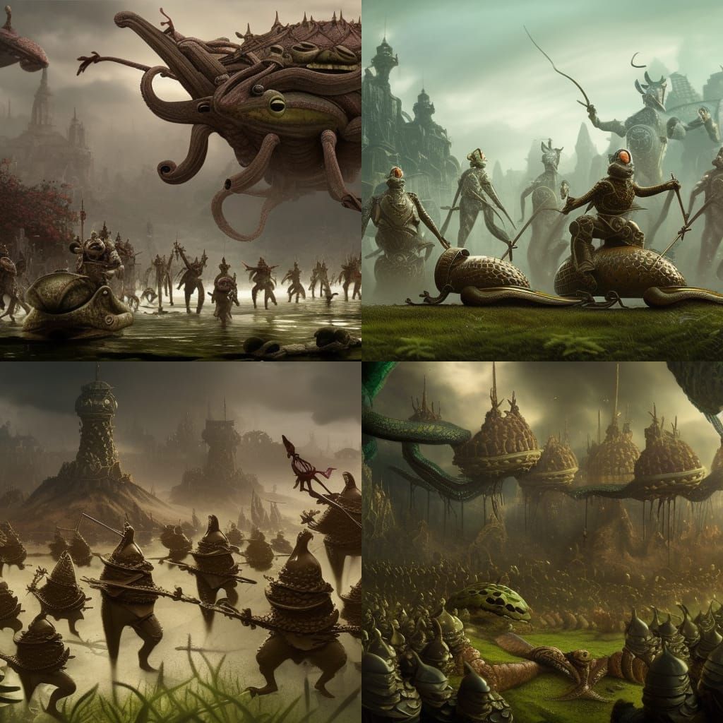 Frog army gets ready to battle with bronze armors and horned helmets to ...