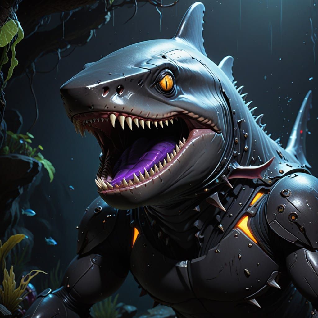 Glowing Alien Shark-Creature in Eerie Neon Armor - AI Art