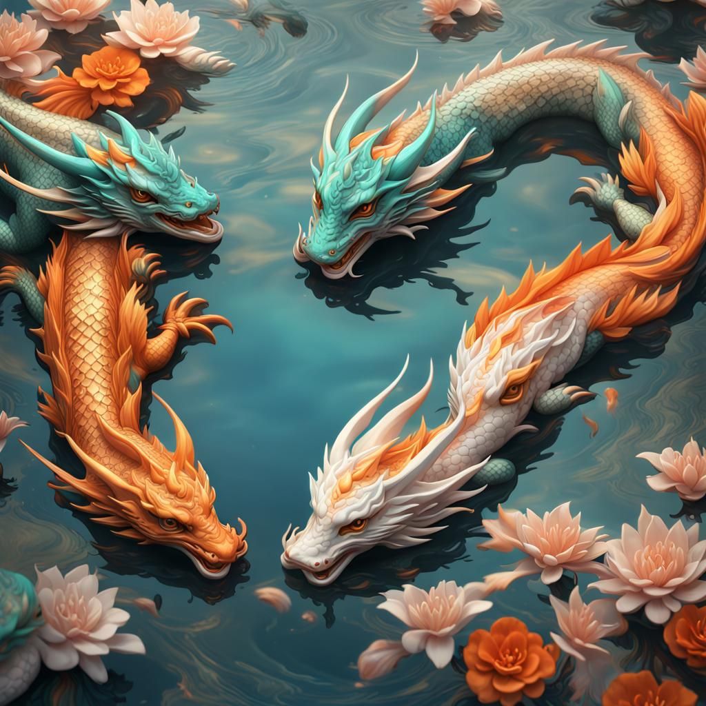 Delicate spectacular 3d dragons over koi fish swimming in a pond viewed ...