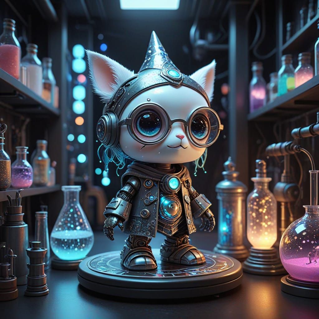 Chibi Wizard Robot in Futuristic Lab, Kawaii Style - AI Art