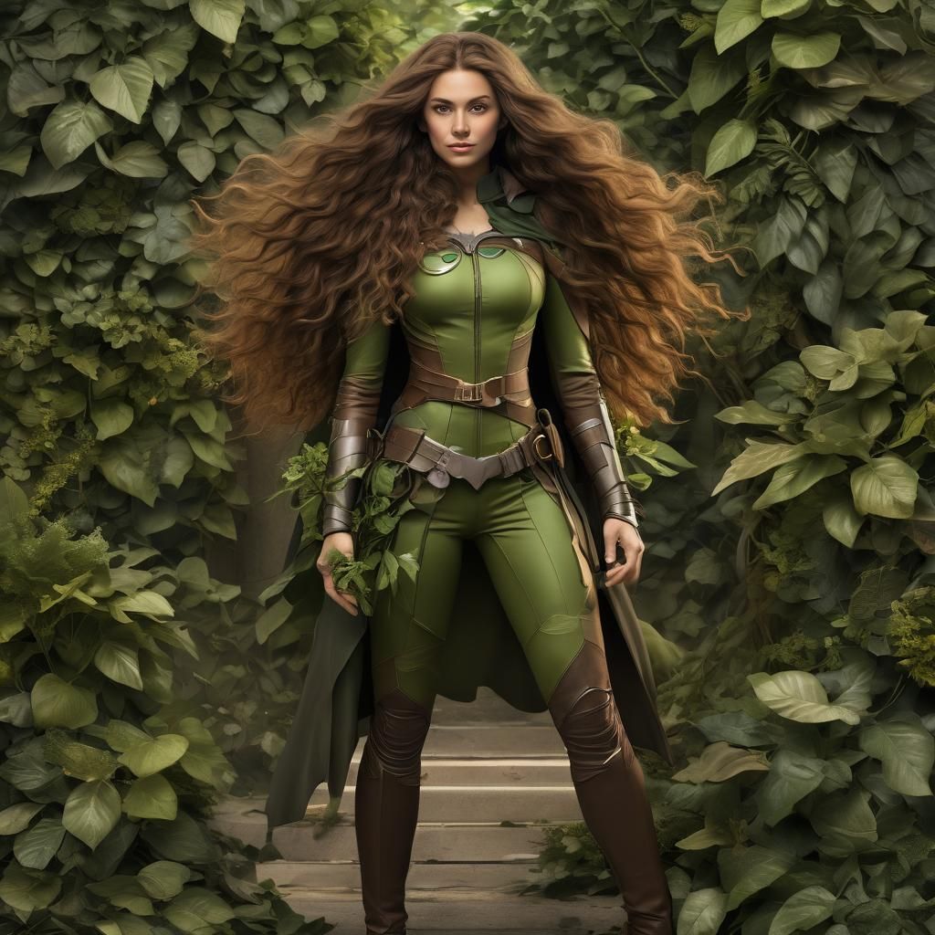 young Woman with long brown frizzy hair wearing a Costume with a with a ...