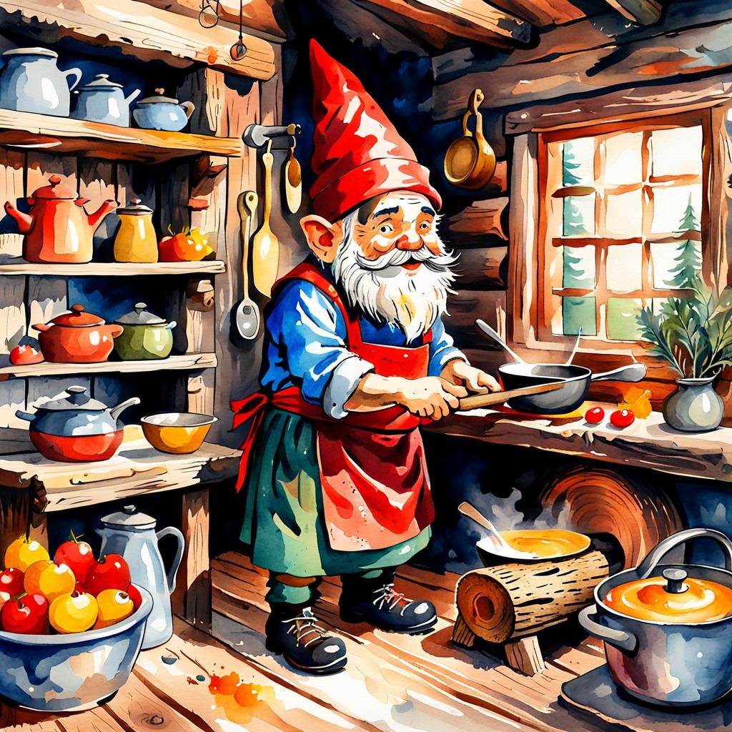 gnome dressed in apron, cooking in his small wooden log cabin kitchen ...