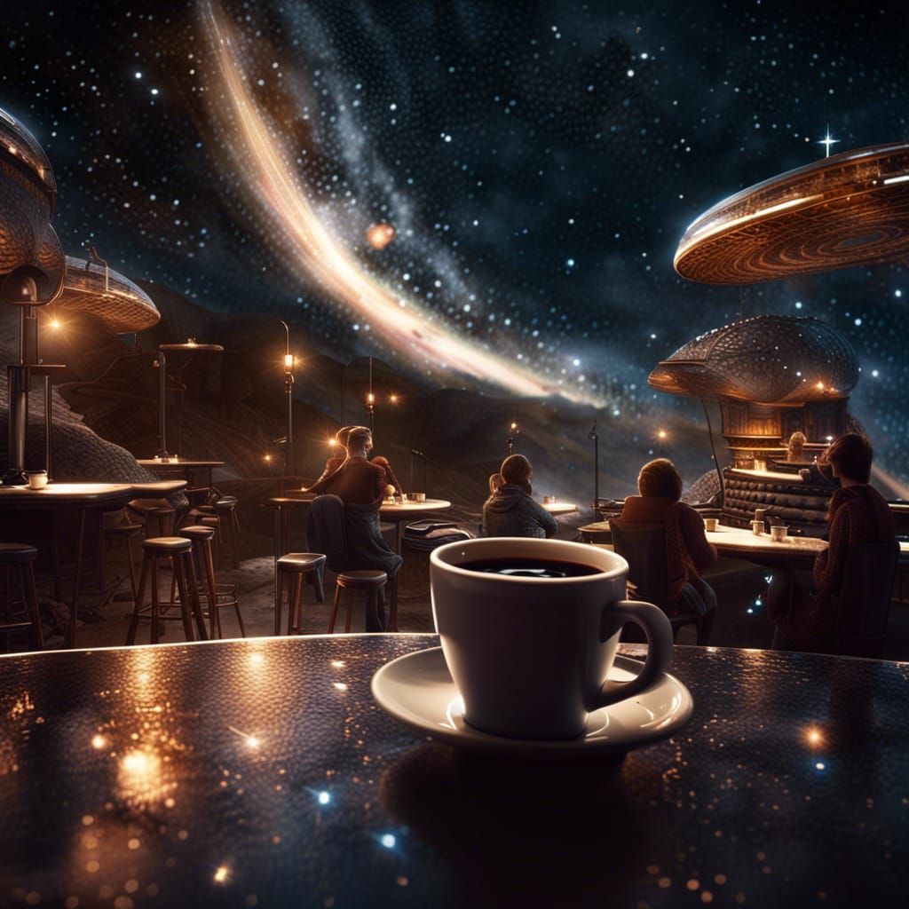 Coffee shop, sitting , in space, on a hyperilluminated Shinny trace off ...
