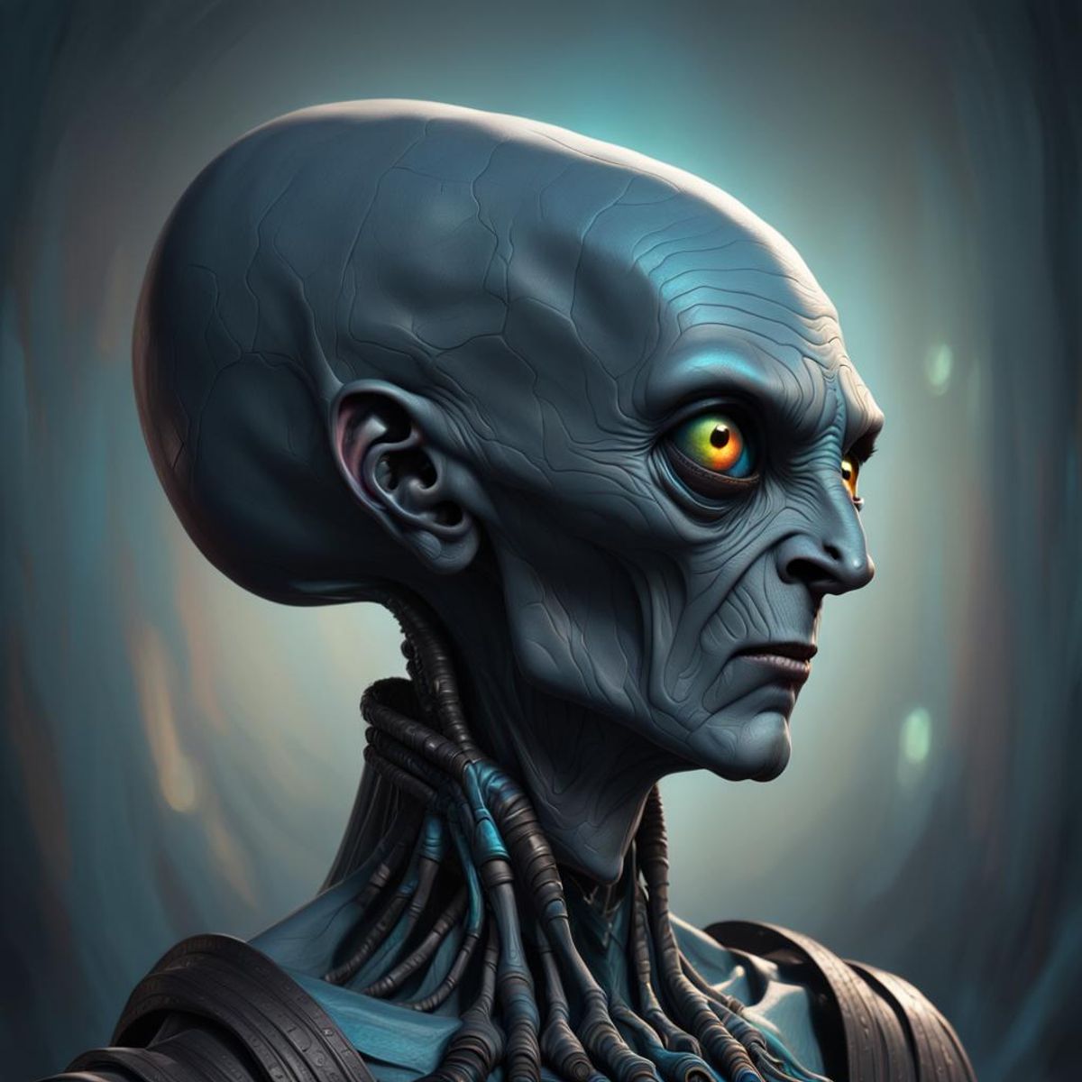 Megamind as a small scared skinny alien very large dark eyes bald head ...
