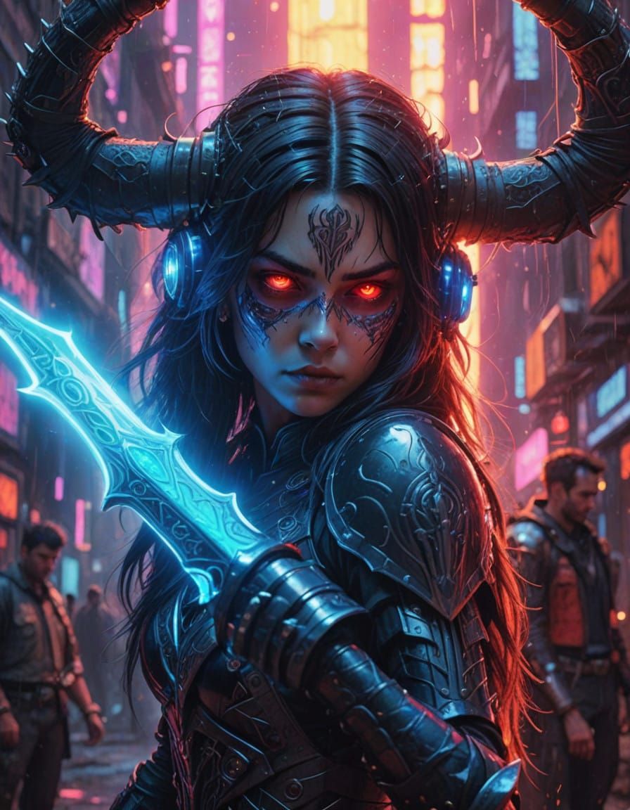 Cyberpunk Warrior Commander in Dark Armor Stands R... - AI Art