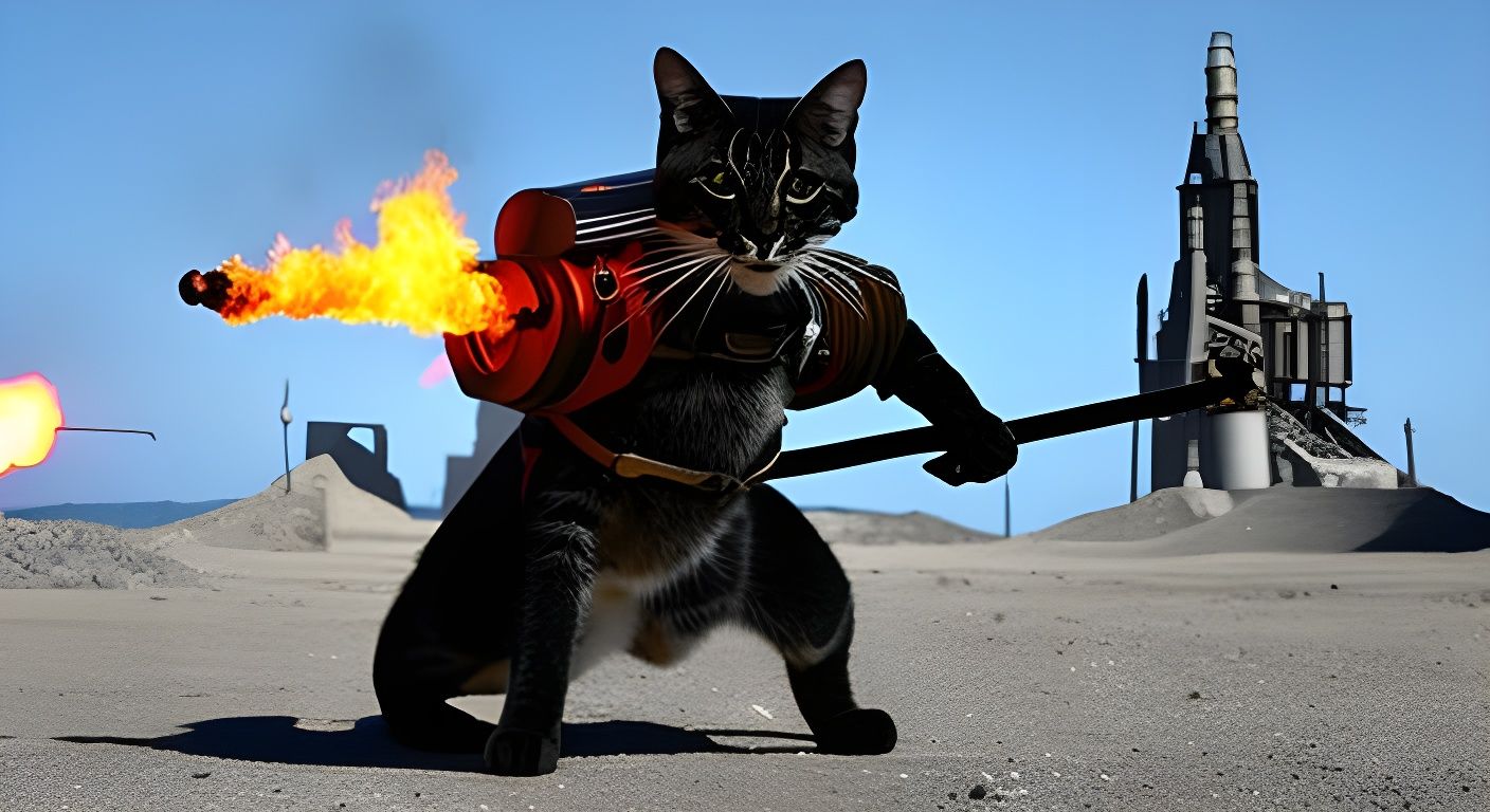 Humanoid cat with a flamethrower - AI Generated Artwork - NightCafe Creator