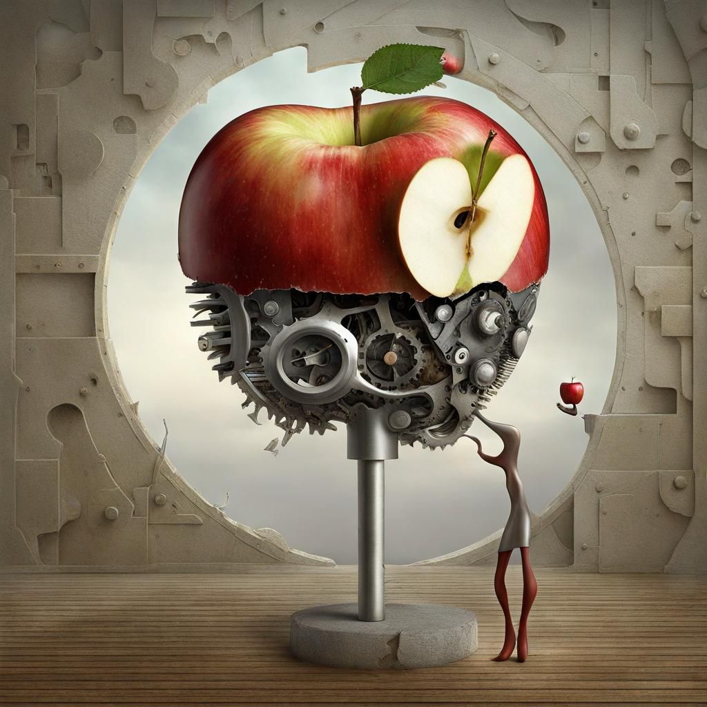 eaten apple, core is mechanical, neo surrealism, high concept art, beautiful smooth art, by Igor ...
