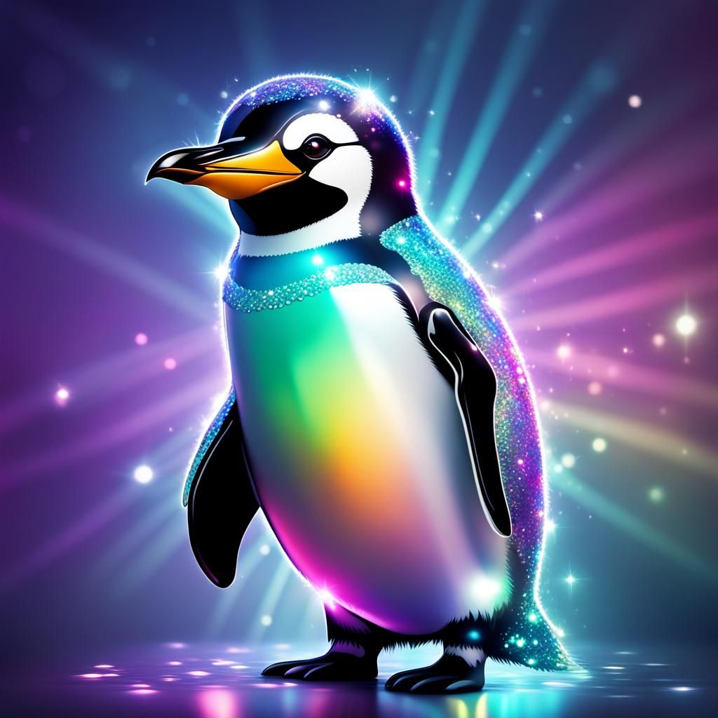 "Disco Penguin" logo ; digital art ; shiny; iridescent; sparkling; illuminated sparkles; glowing ...