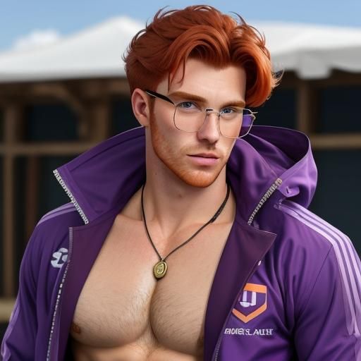 Male, 20 years old, ginger haired lifeguard with purple jacket, glasses ...