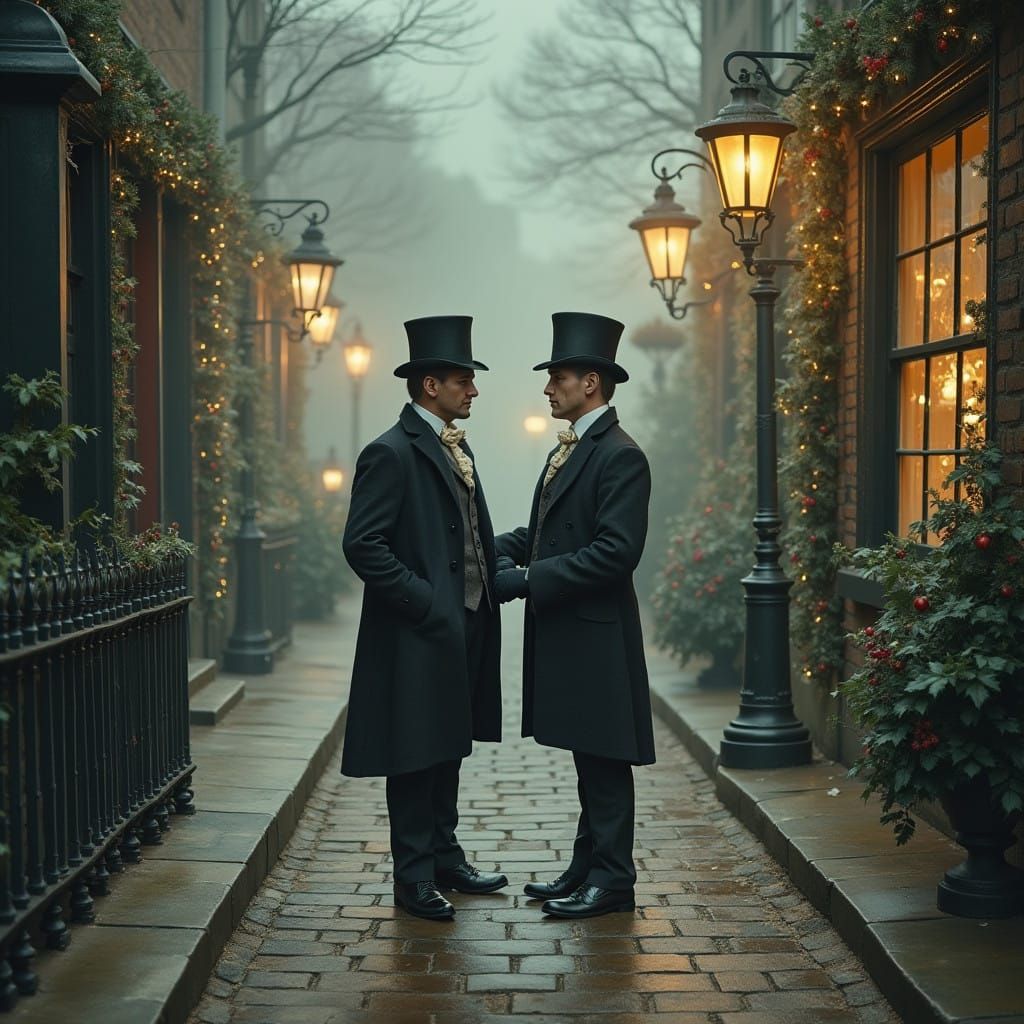 Victorian Gentlemen in Whimsical Winter Scene - AI Art