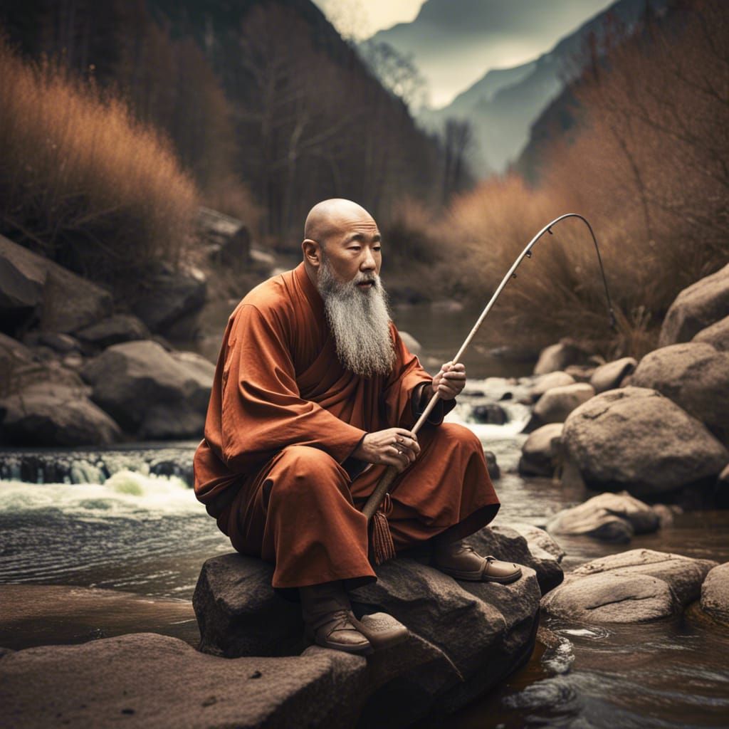 Zhuangzi sat fishing next to a mountain stream - AI Generated Artwork ...