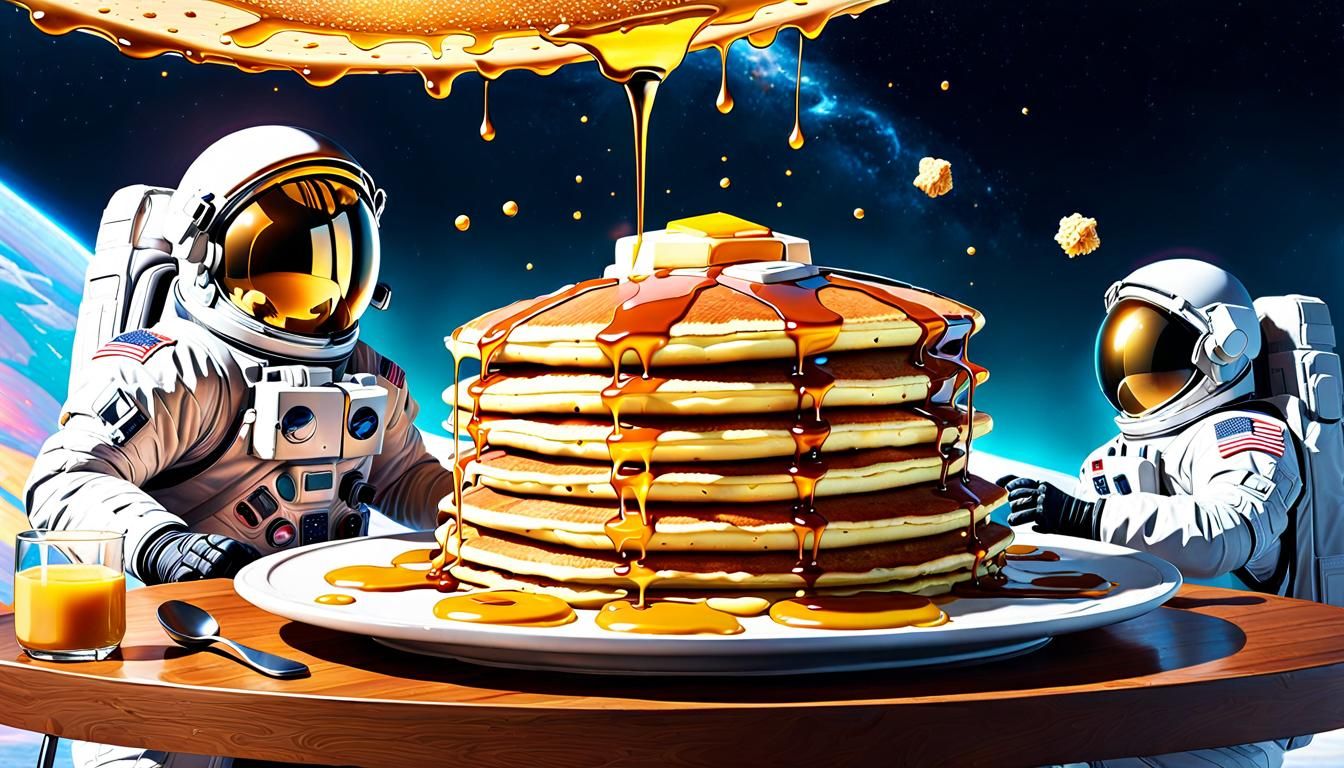 astronaut breakfast, giant pancakes stack on park table, 6 feet high ...
