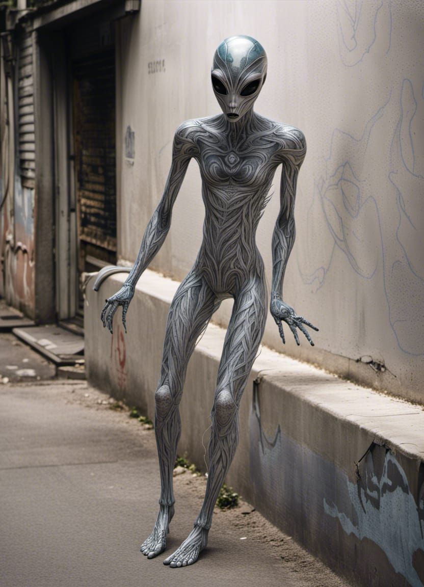 an alien with a pale marble skin, a thin, almost transparent, skin ...