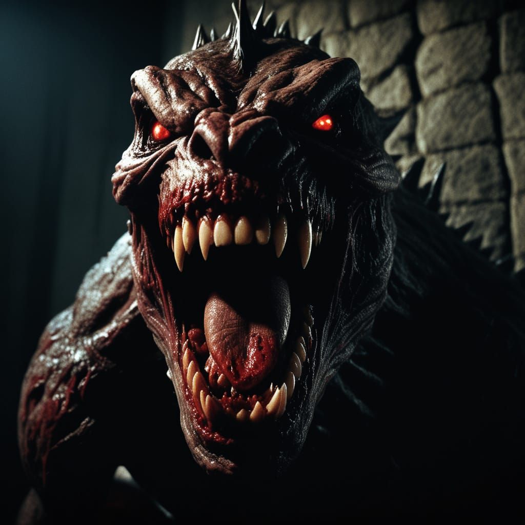 Huge, ugly monster snarling at the camera with sharp, bloody teeth