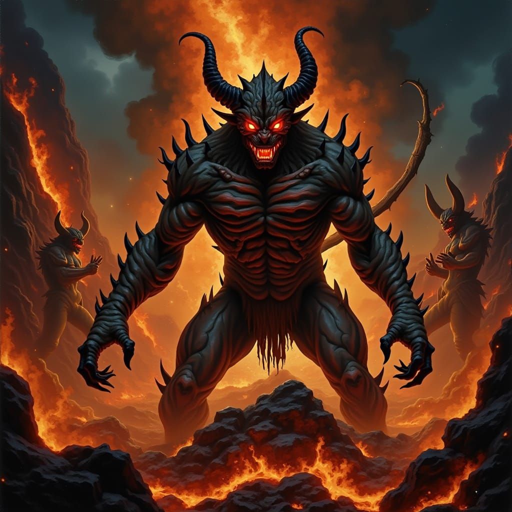 Striped Demons Dance Amidst Fiery Volcanic Inferno - AI Art