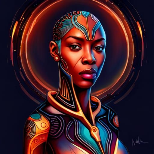 Portrait of a beautiful MECHA ROBOTIC MACHINE GODLIKE african black ...