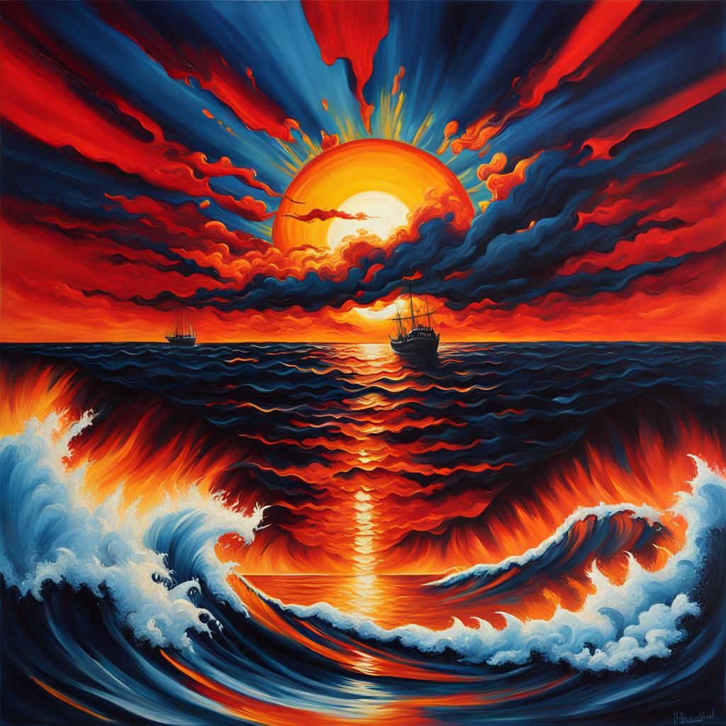 Surrealist Masterpiece: A Burning Sun Sinks Beneat... - AI Art