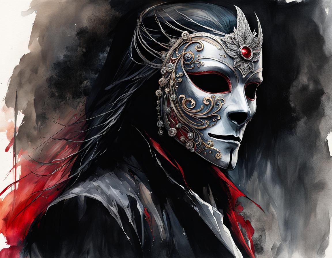 A magnificent, pitch-black Phantom of the Opera with a half white mask ...