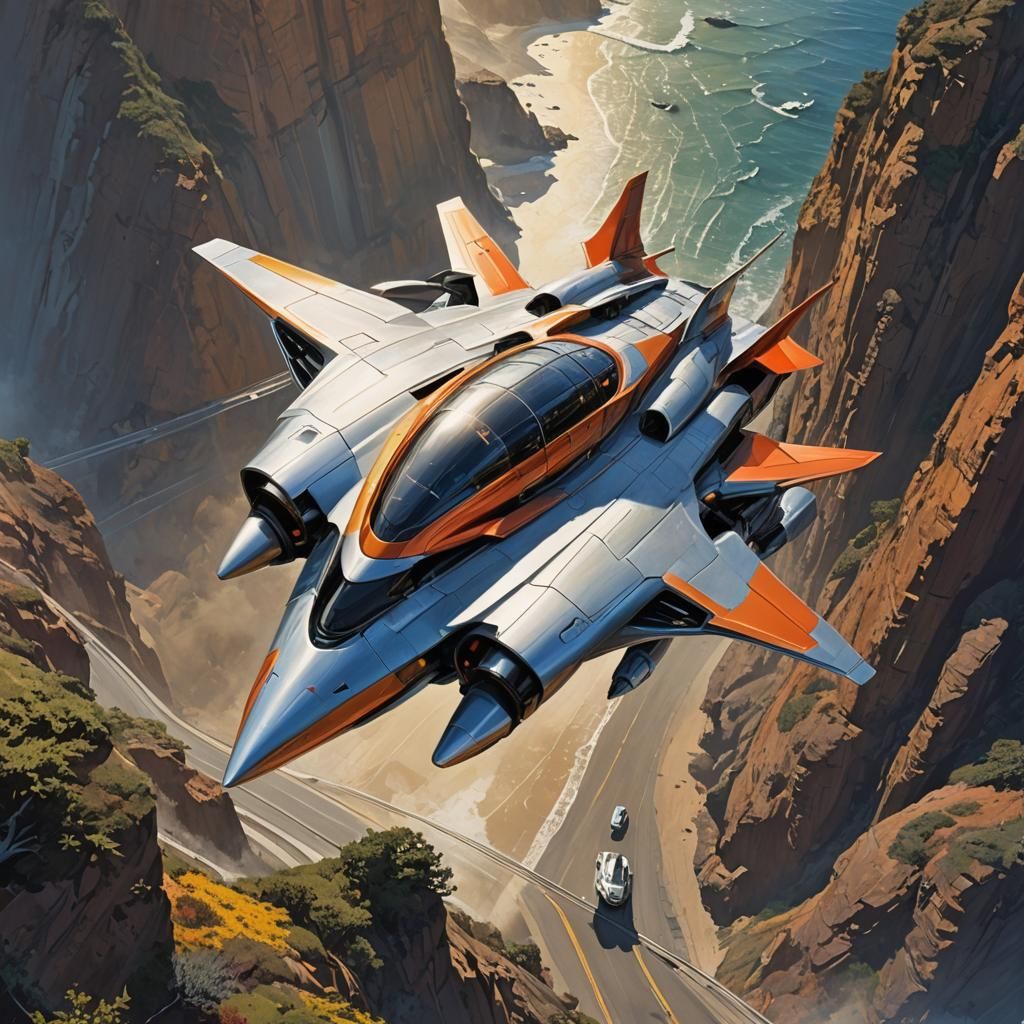 futuristic sci-fi flying corvette, Pacific coast highway,perfect smooth ...