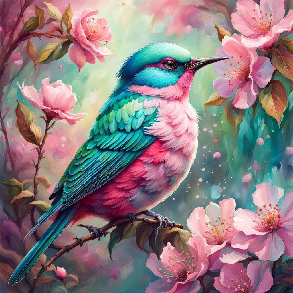 Pink and Mint Bird with Flowers - AI Generated Artwork - NightCafe Creator