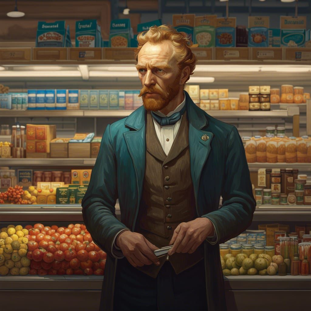 Vincent Van Gogh working at the supermarket, head and shoulders ...