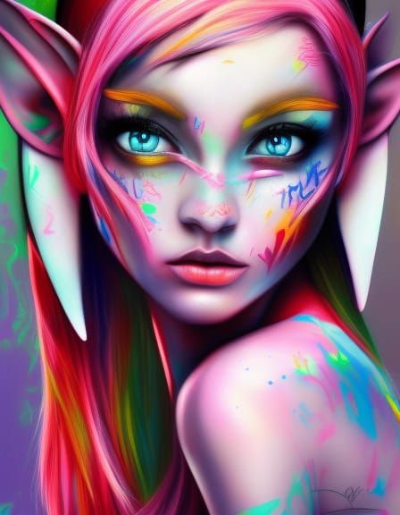 Pretty beautiful Elf, pointed ears, hyperrealistic, graffiti art ...