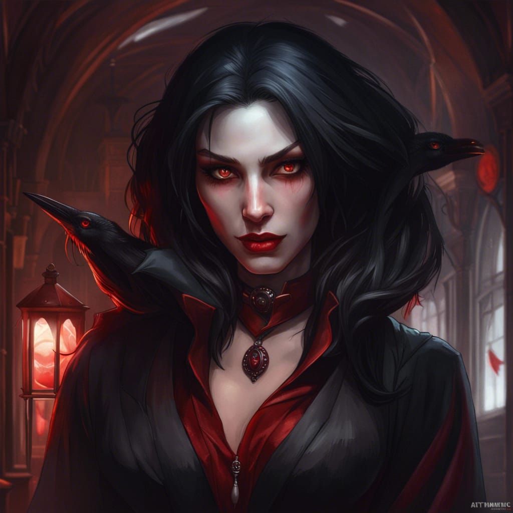 Vampire Shopkeeper Female Beautiful Raven Hair Red Eyes Head And Shoulders Portrait 8k