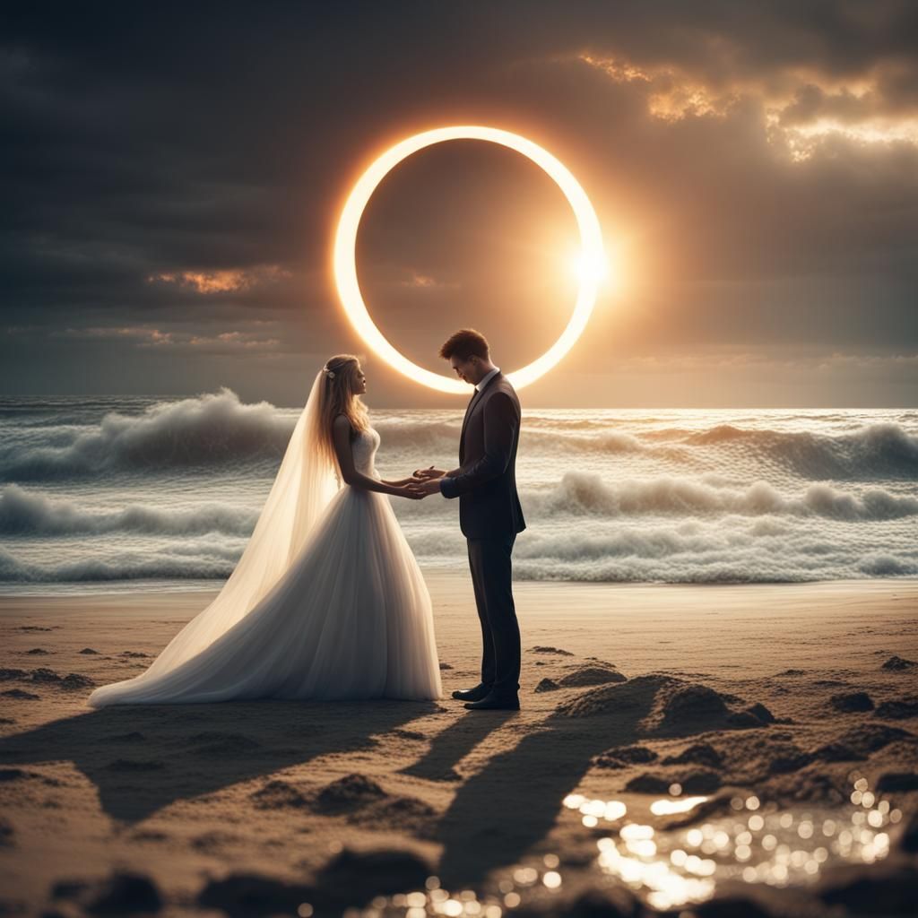 weding proposal on sea shore with ring solar eclipse - AI Generated ...