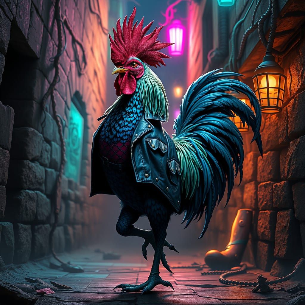 rooster - Majestic Punk Rock Rooster in Neon Alleyway