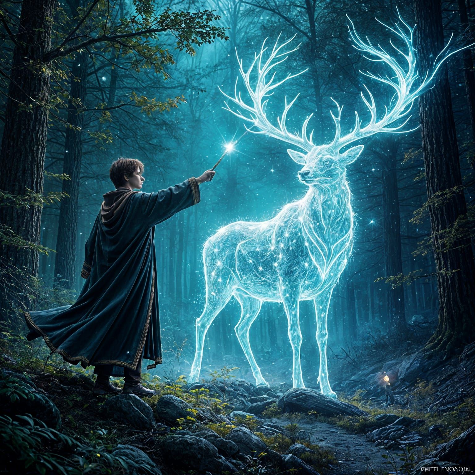 Harry Potter, wearing intricately detailed Hogwarts robes with golden trim, stands tall, his ...