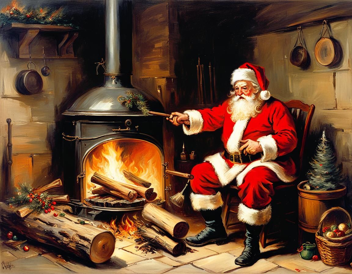 Santa burning his Christmas Tree on a log burner fire, by John Callcott ...