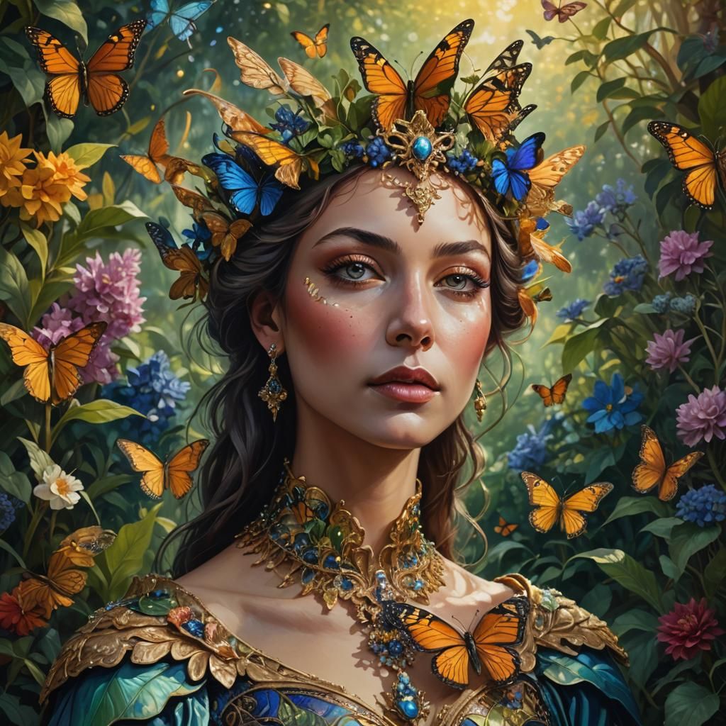 Regal Monarch in Vibrant Garden, Fantasy Portrait ... - AI Art