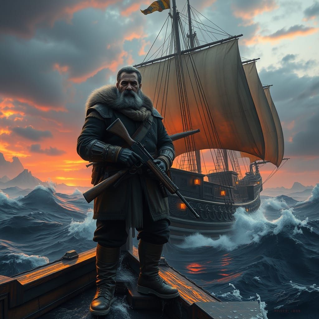 Fantasy Security Guard on Majestic Sailing Ship in... - AI Art