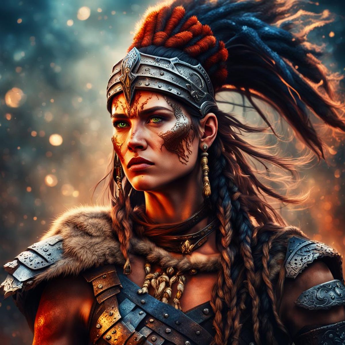 Portrait of a stunning female barbarian warrior whit a dominant posture ...