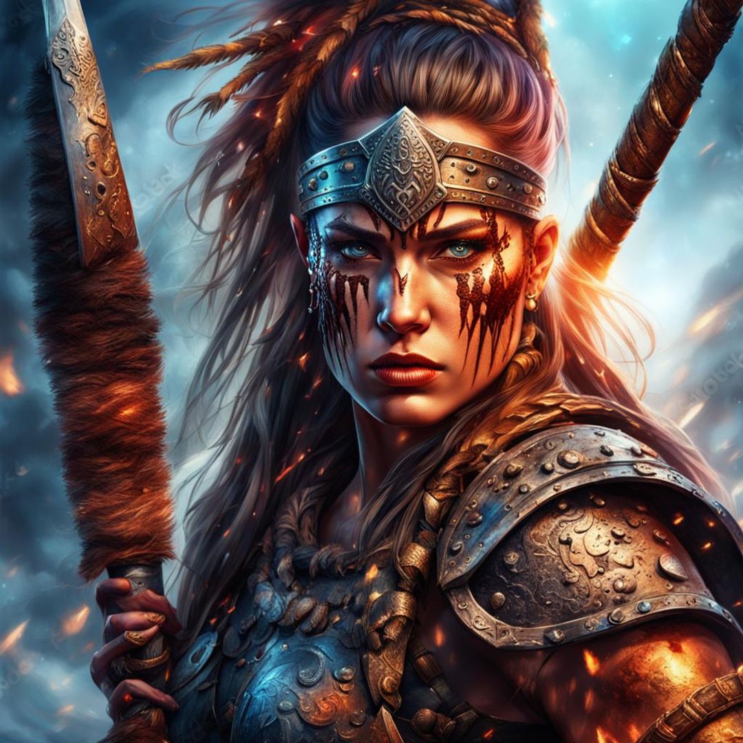 Portrait of a stunning female barbarian warrior whit a dominant posture ...