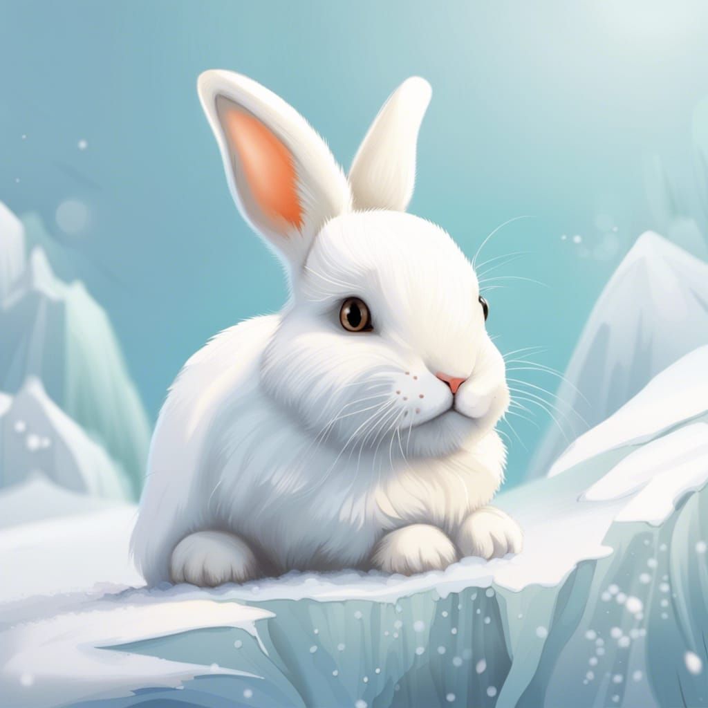 bunny rabbit portrait. bunny in the snow, on an iceberg, tuft of grass ...