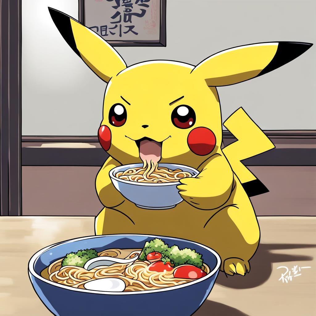 Pikachu eating a bowl of ramen. - AI Generated Artwork - NightCafe Creator