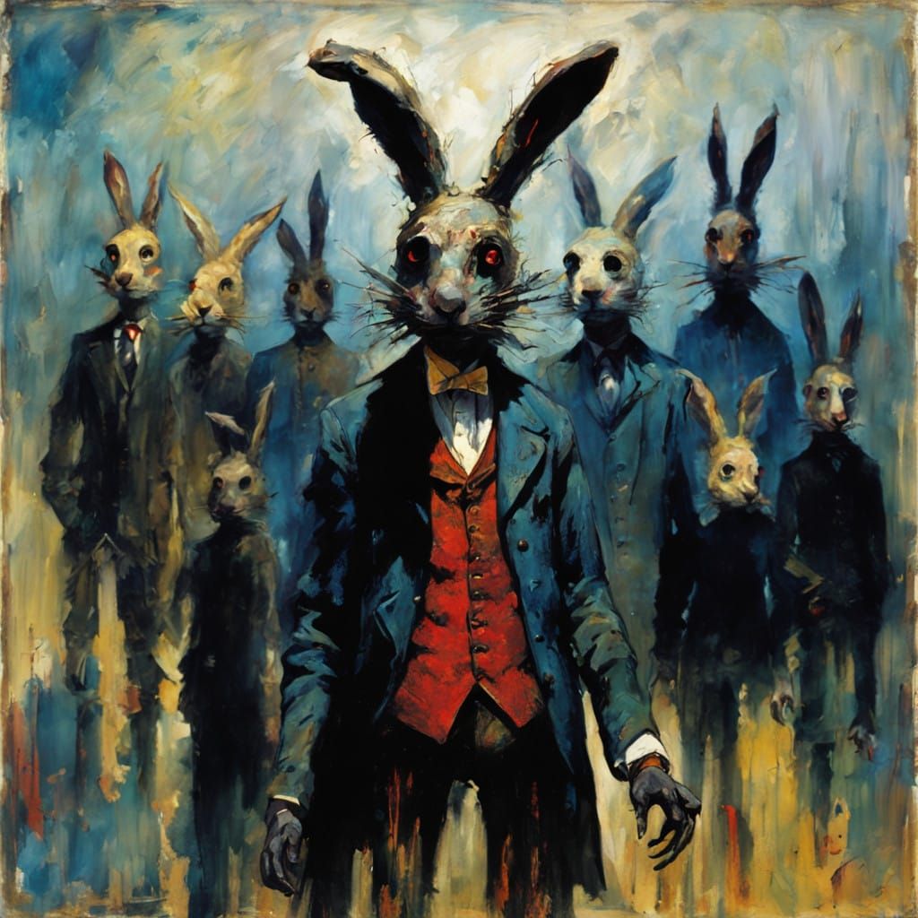 Humans Enslaved by Dark Rabbits in a Haunting Dyst... - AI Art