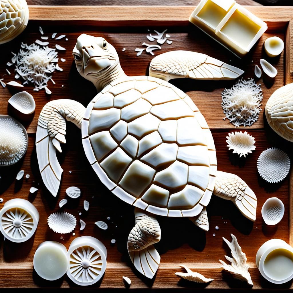 A white soap carving of a sea turtle sits on a wooden work table. The ...