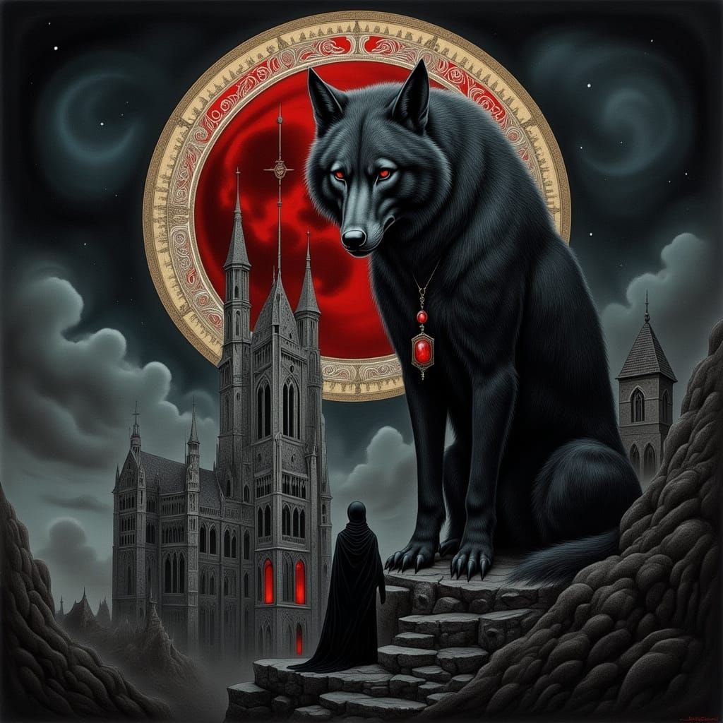 A large black werewolf on a Gothic castle under a large ornate blo...