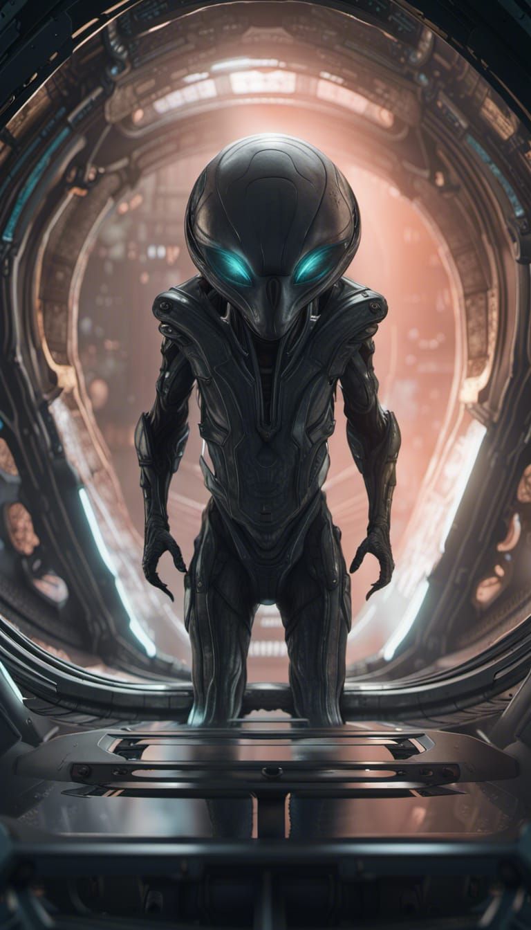 A grayish organic alien inside a spaceship detailed matte painting ...