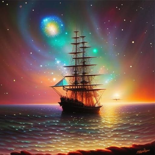 whimsical silhouette pirate ship with colorful cosmic sky. stars ...