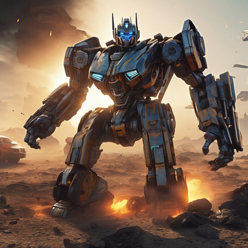 Cyberpunk Transformers Battle in Neon-Lit Wastelan... - AI Art