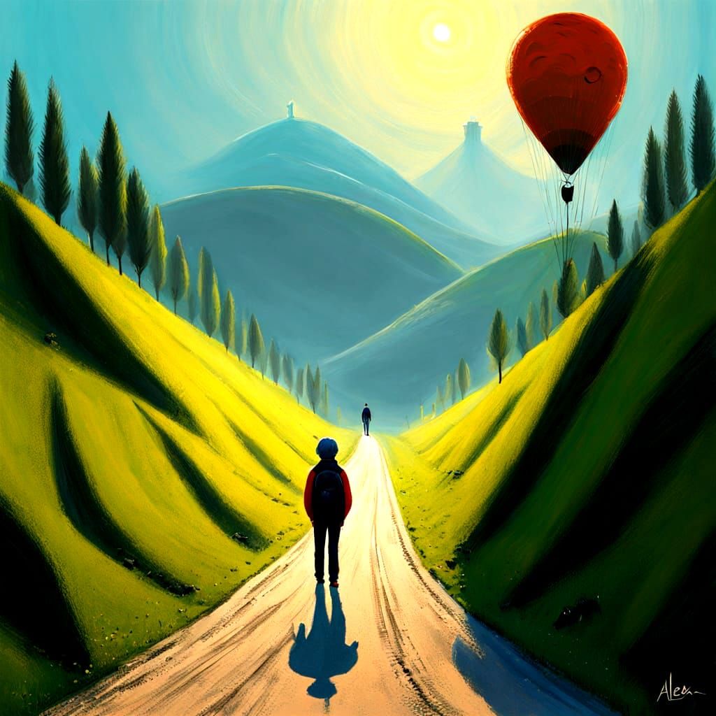 Whimsical wanderer, countryside lane, playful, vibrant patterns, oil ...