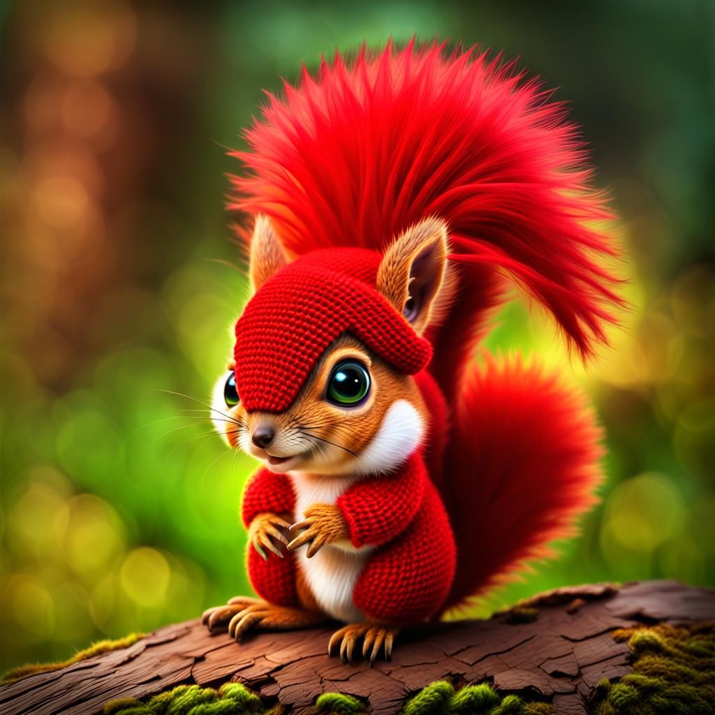 Cute and fluffy tiny red baby squirrel wearing a wig. knitted yarn ...