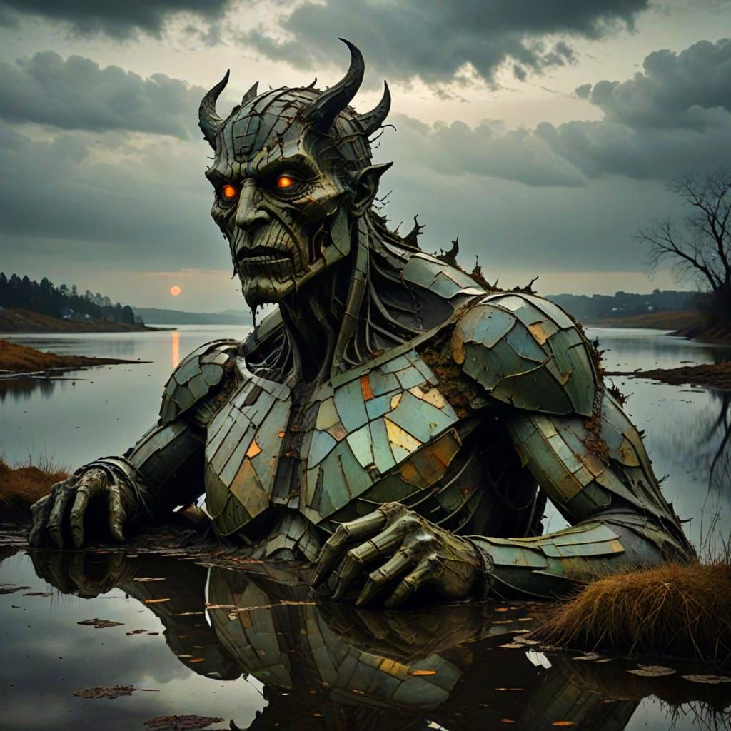 Demonic Statue in Fragmented Decay, In the Style o... - AI Art