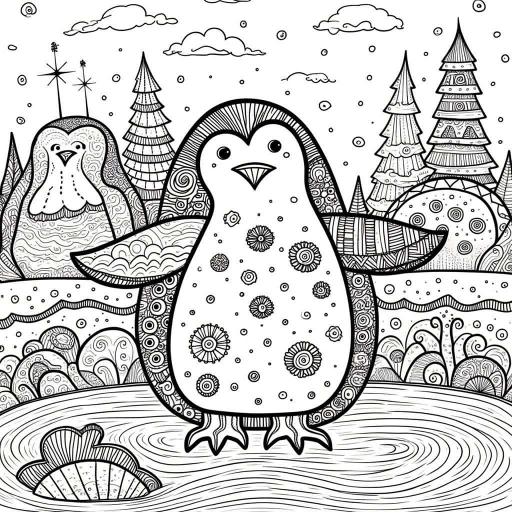 Joyful Penguins in Zentangle Style - AI Art