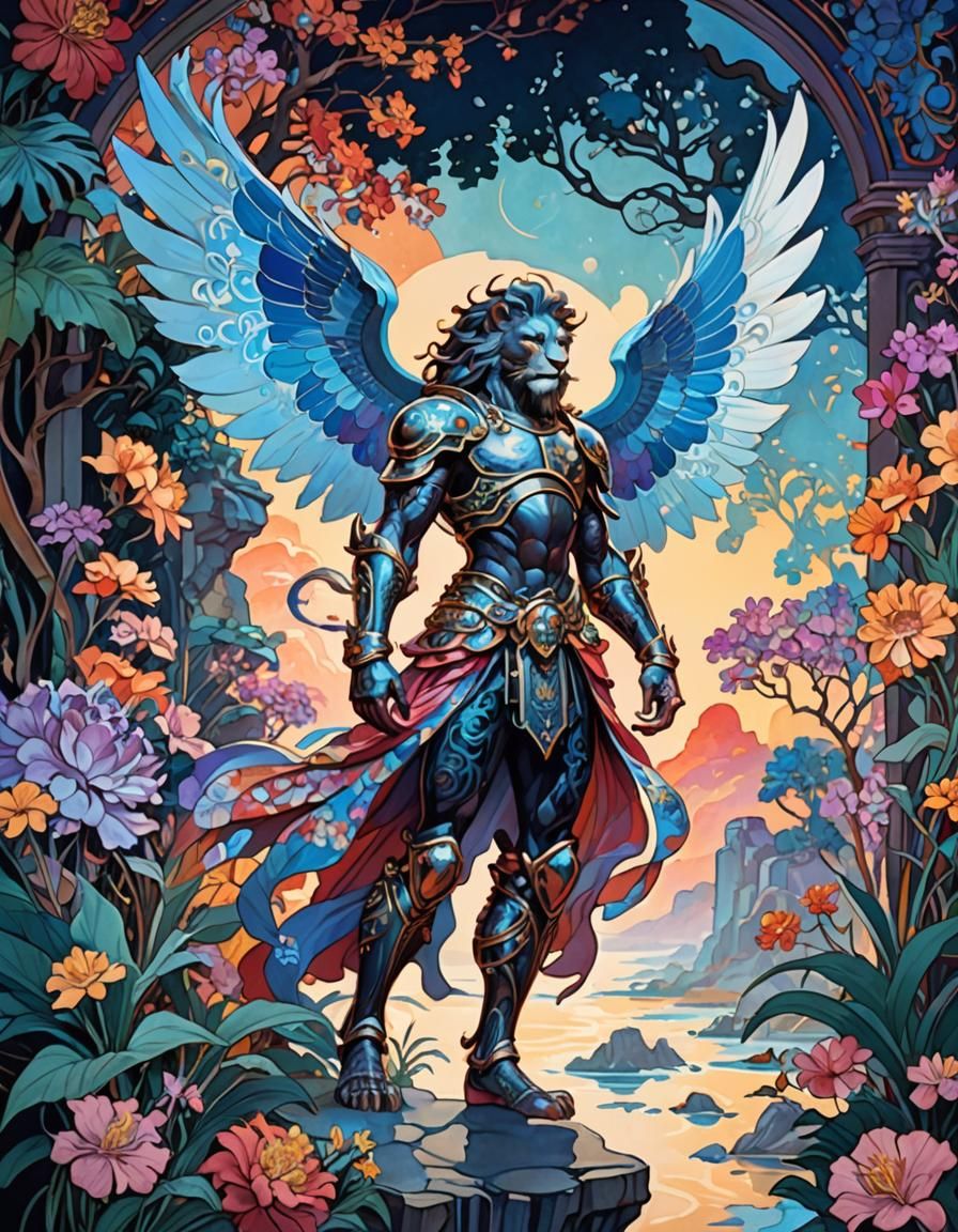 (Alphonse Mucha, colorful Digitalart nouveau painting of a fluid ...