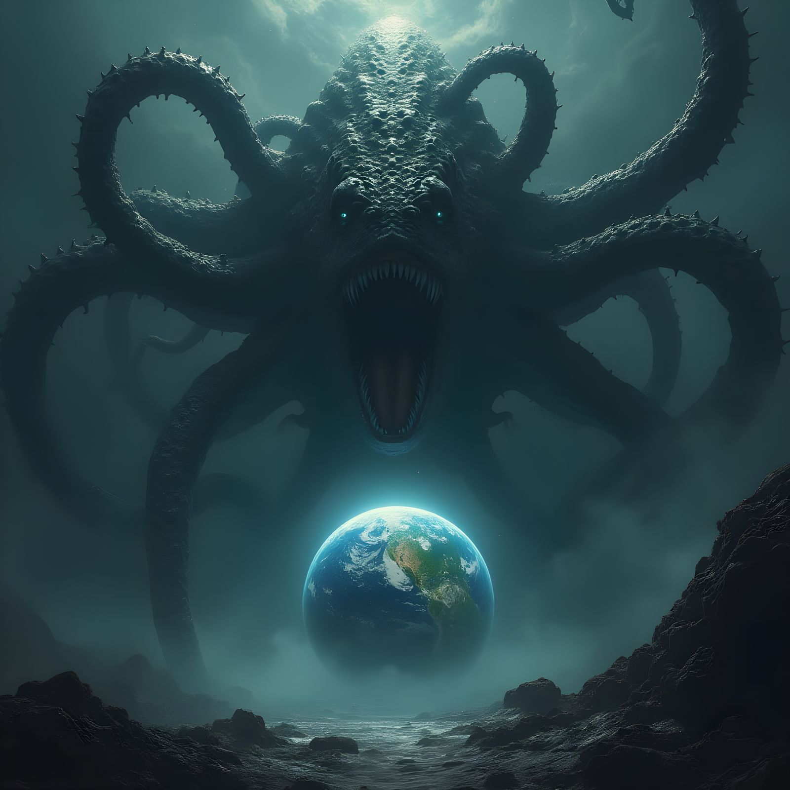 Kraken eating tiny earth planet - Kraken Consumes Tiny Earth...