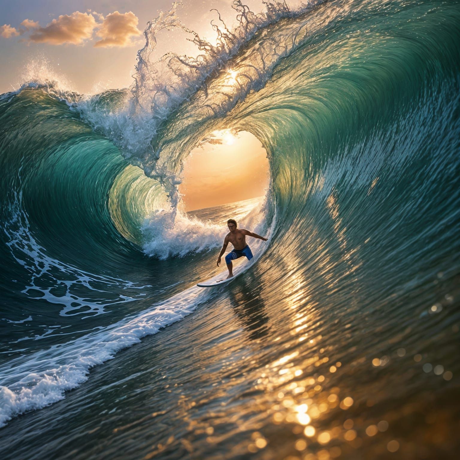 A close-up of a surfer inside a wave,